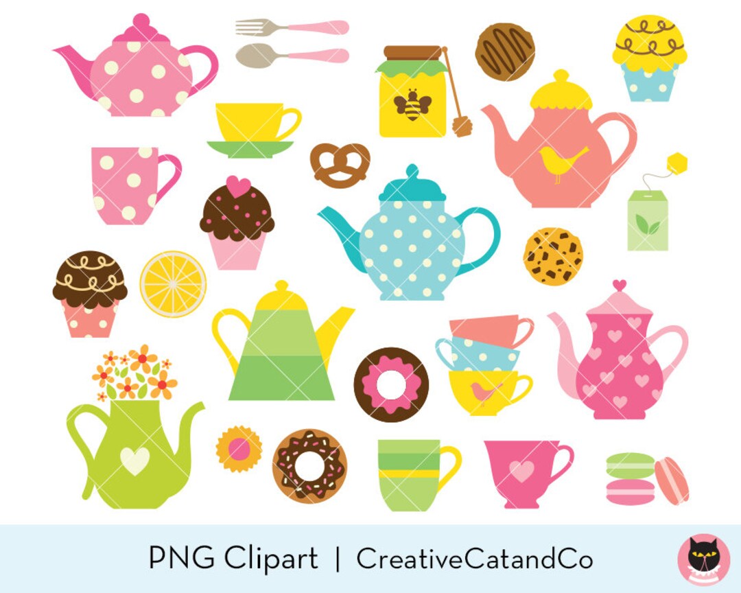 Tea Party Clip Art, Cute Teapot and Tea Cup, Tea Bag, Macaron, Cup Cake ...