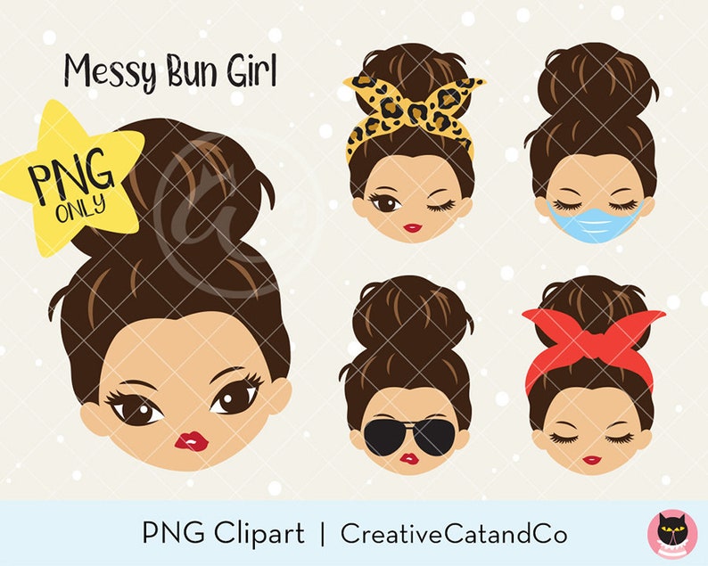 Cute Messy Bun Girl PNG Clipart Woman Face With Messy Bun Hair | Etsy