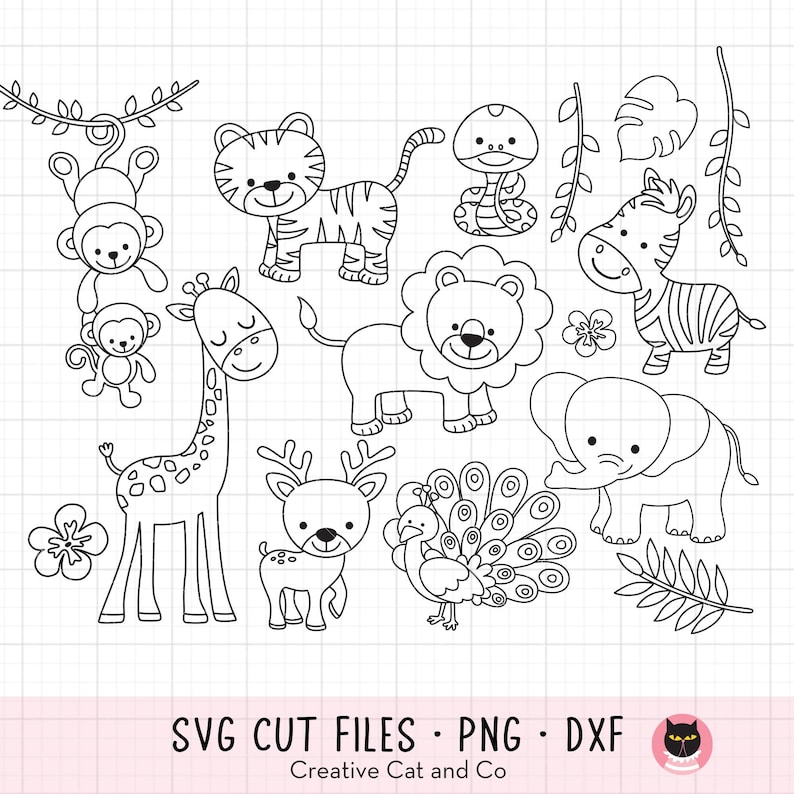 Zoo Animals Outline SVG PNG DXF Clipart | Kid Coloring Line Art ...