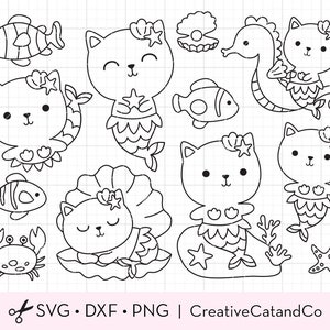 Mermaid Cat Outline Coloring SVG, Mermaid and Fishes Line Art PNG ...