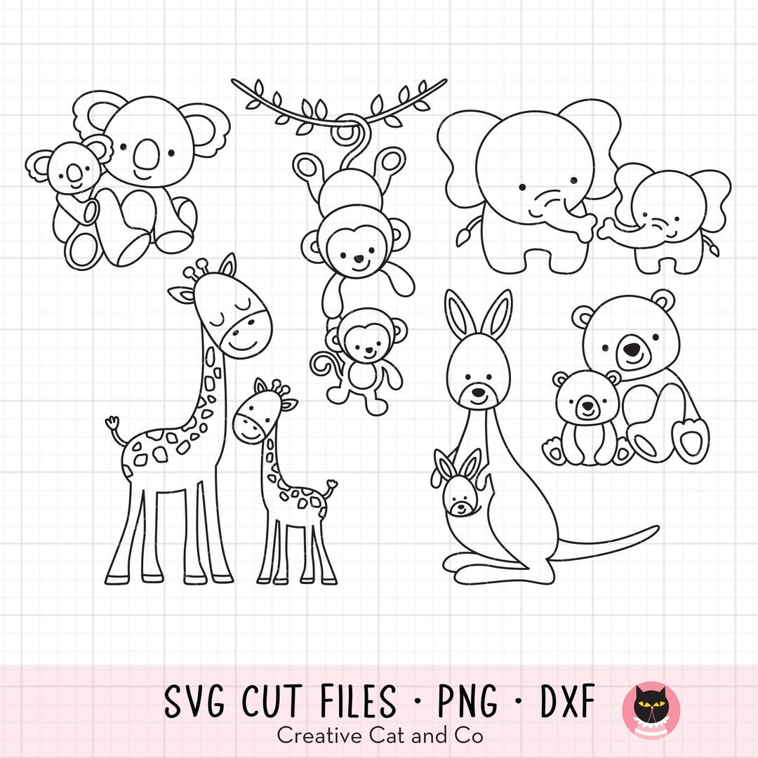 Animal Mom and Baby Coloring SVG PNG, Outline Monkey Elephant Giraffe ...