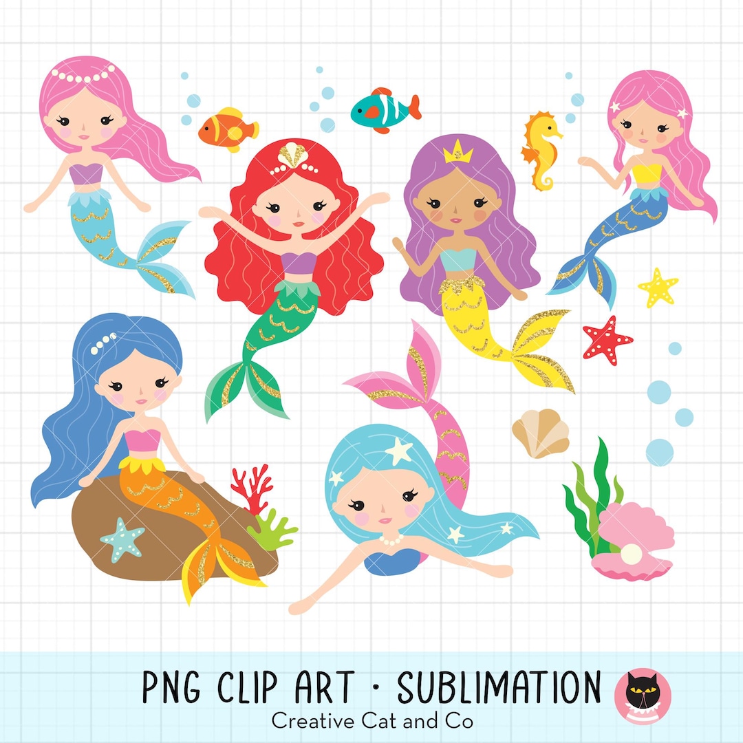 Mermaid Princesses PNG Clipart Bundle | Cute Hand Drawn Mermaids With ...