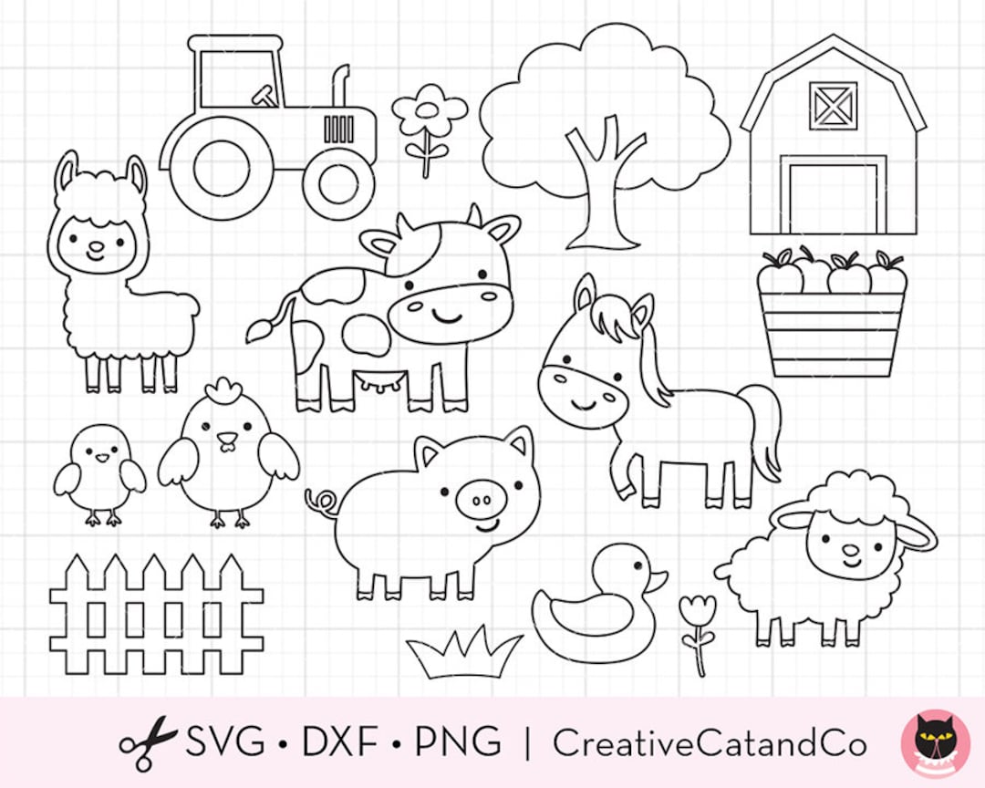 Farm Animal Coloring Outline SVG DXF Cow Horse Sheep Llama Barn Animal ...