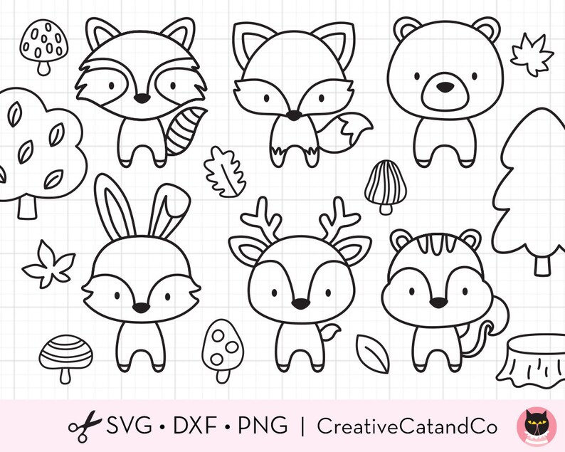 Cute Outlined Woodland Forest Animals Svg Png Animal Line - Etsy