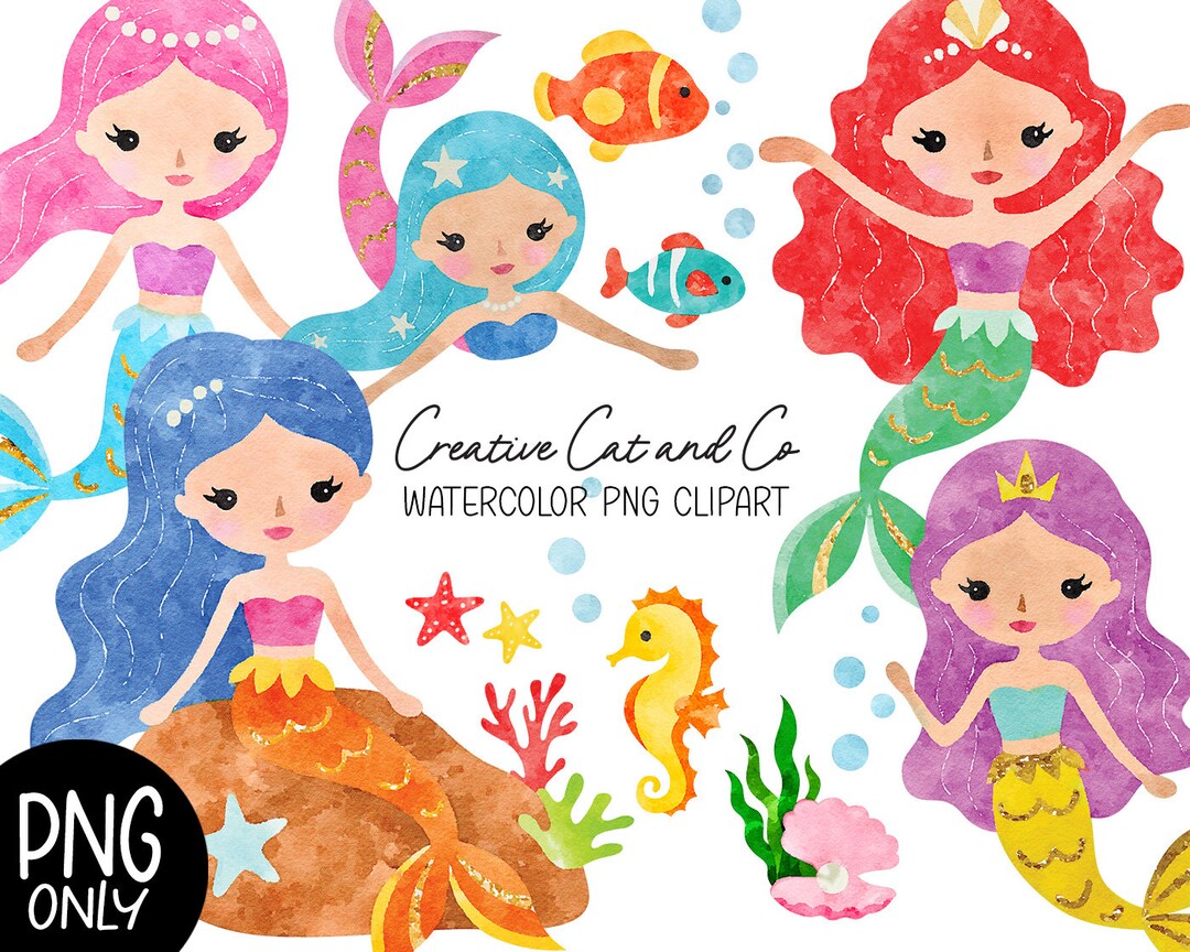 Mermaid Watercolor Clipart, Mermaid Princess, Cute Girl Mermaid PNG ...