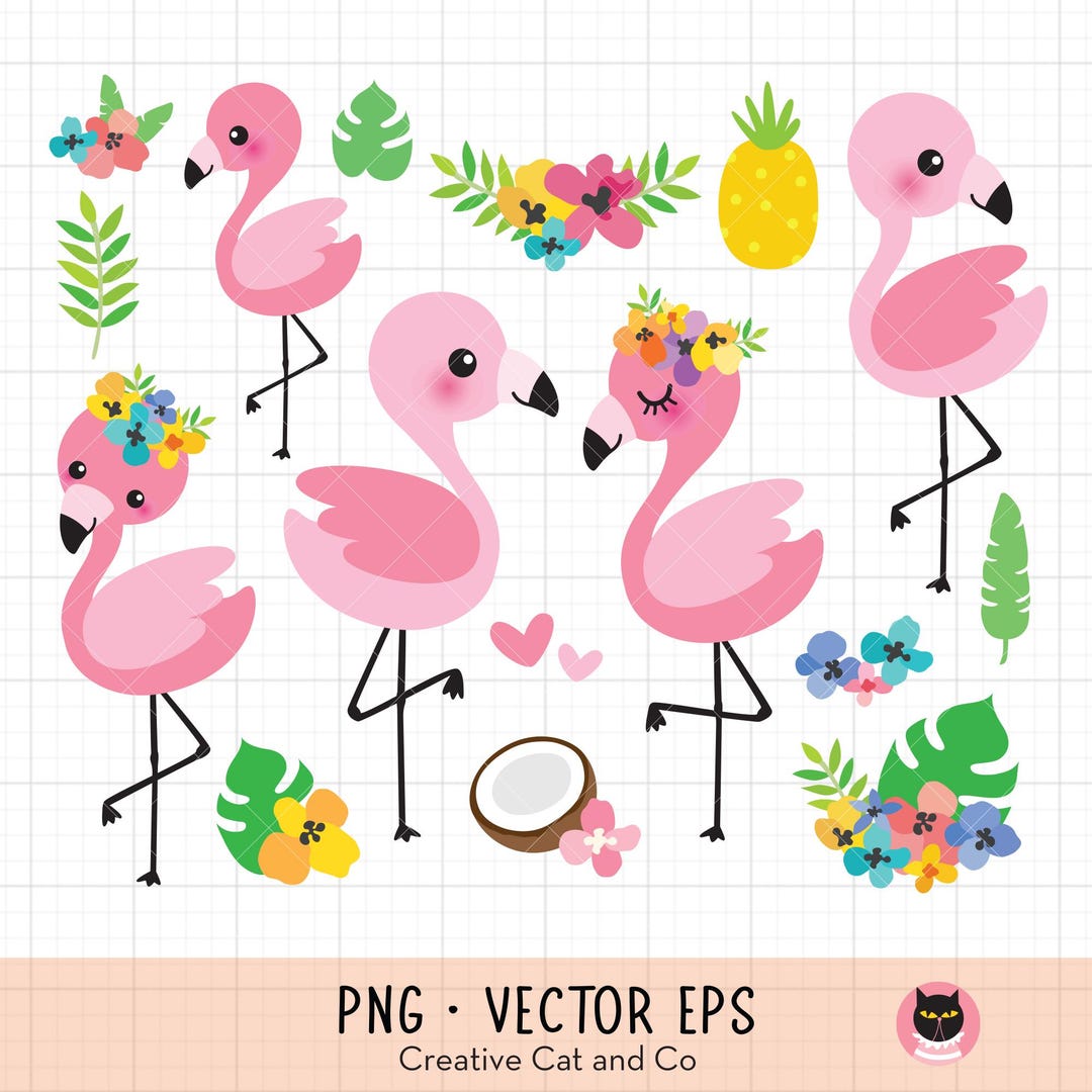 Pink Flamingo Clipart Vector | Tropical Floral Summer PNG EPS | Cute ...