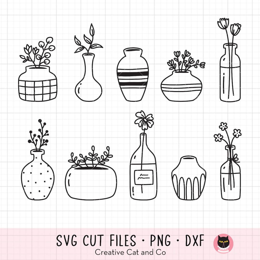 Flower Vases Drawing SVG PNG, Hand Drawn Modern Vases Clip Art Bundle ...