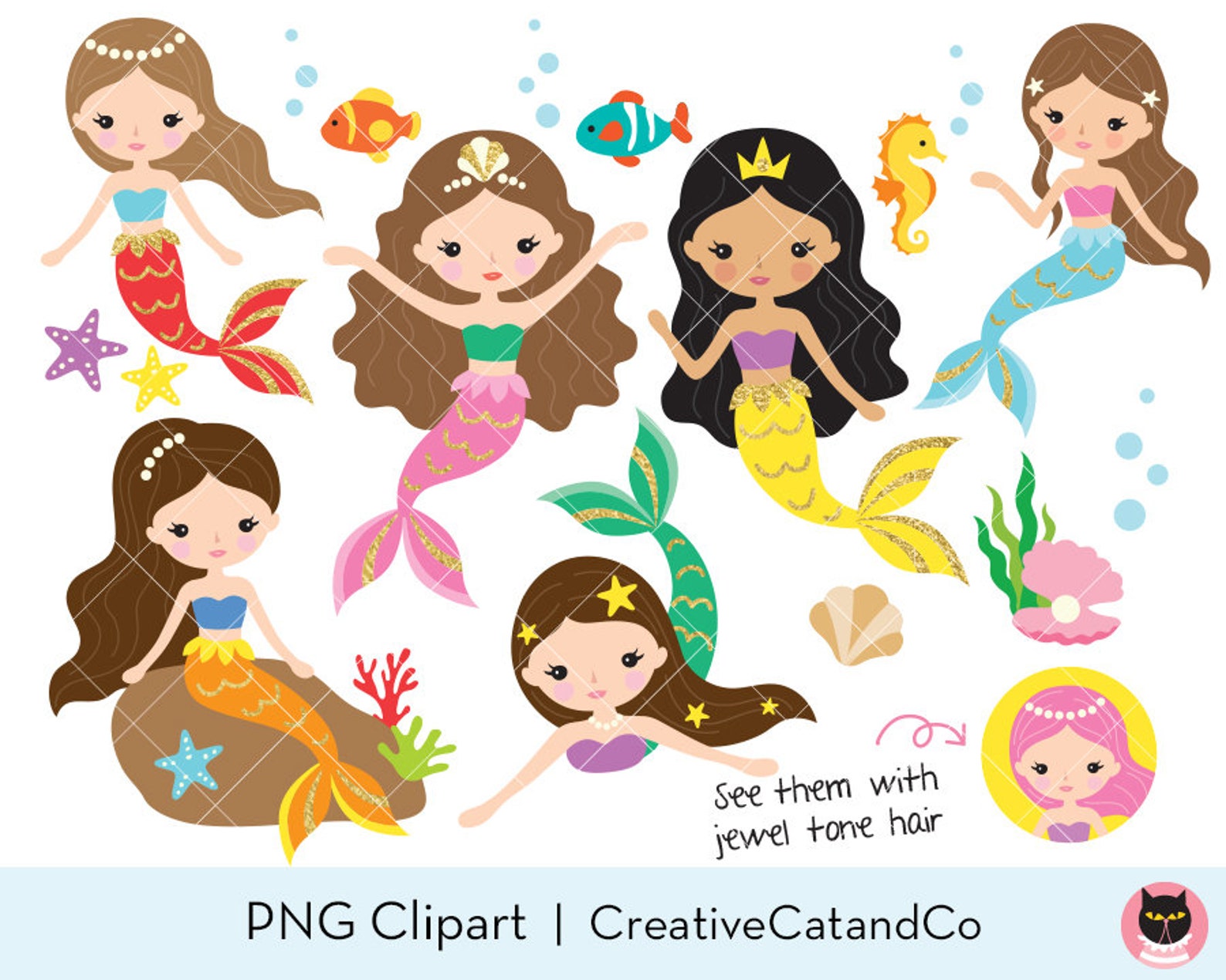 Cute Mermaid Clipart Mermaid Princess Clip Art Mermaid Digital - Etsy