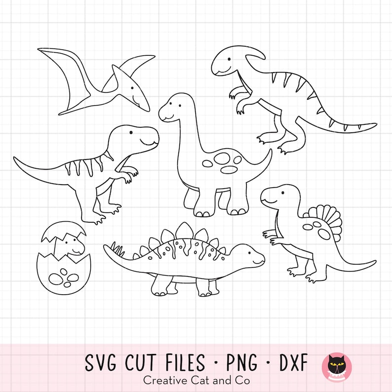 Dinosaur Coloring SVG PNG DXF Clipart | Cute Black Outline Dino ...