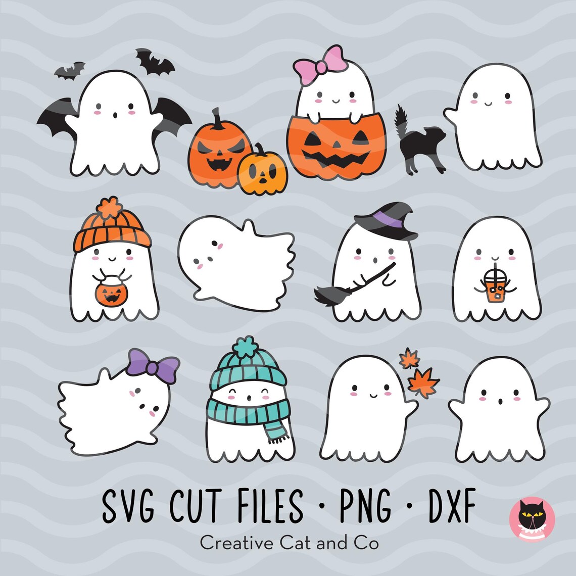 Cute Kawaii Ghosts SVG PNG DXF Bundle | 11 Halloween and Fall Ghost ...