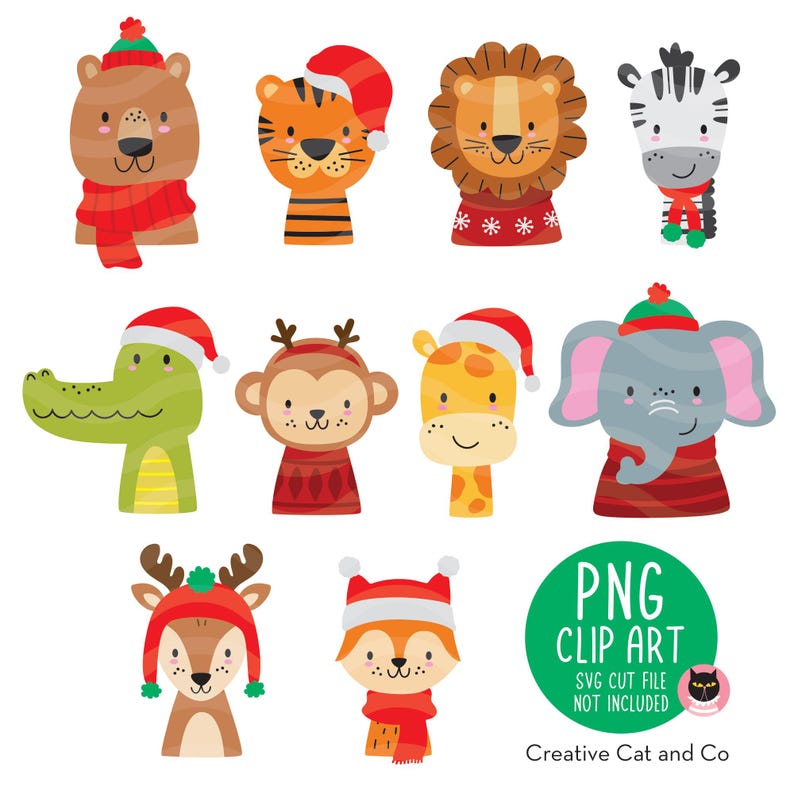 Wild Animals With Santa Hat PNG | Cute Christmas Animal Clipart Bundle ...