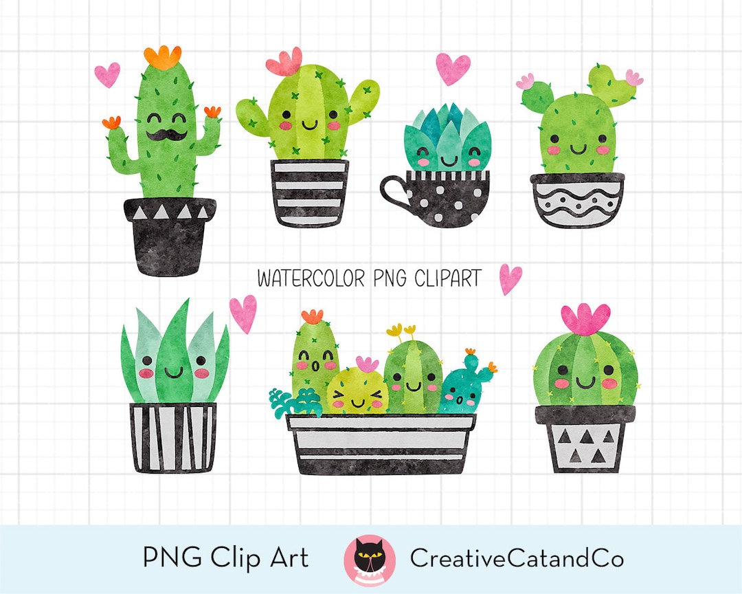 Cute Cactus Clipart Cacti Clipart Kawaii Clipart Watercolor Etsy | My ...