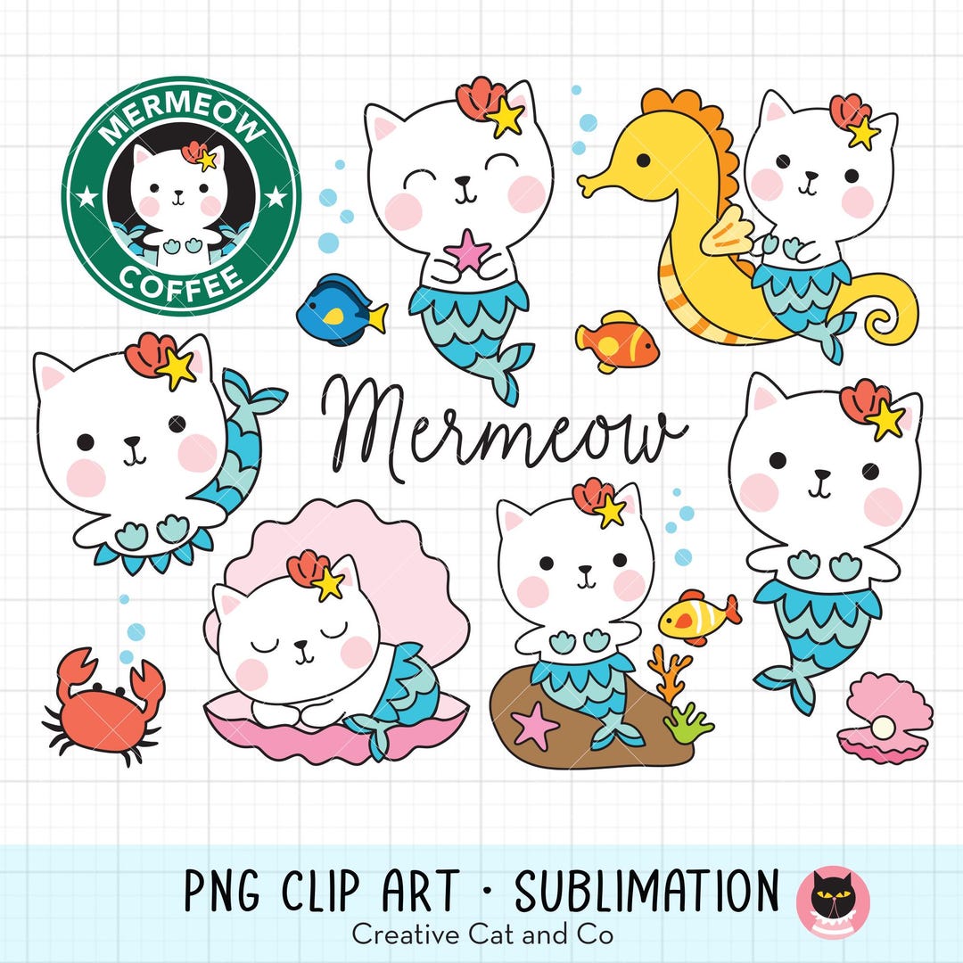 Cat Mermaid PNG Clipart Bundle | Cute Hand Drawn Cats With Mermaid ...