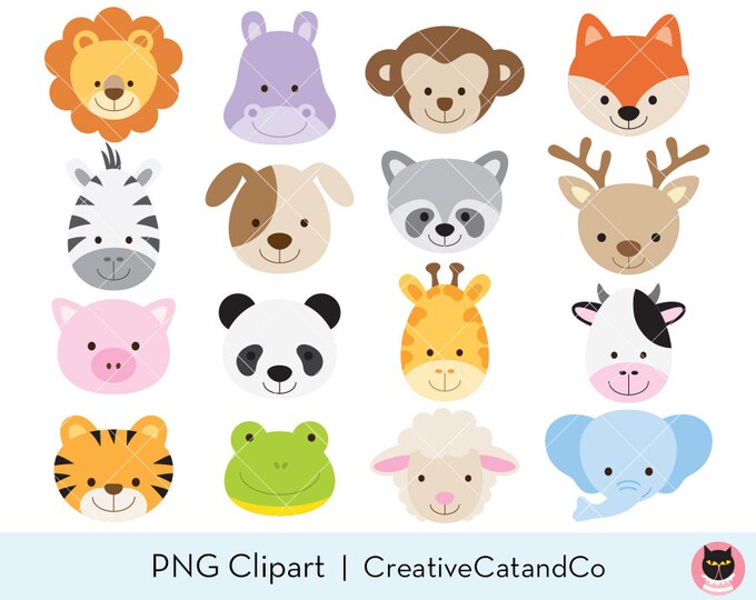 Animal Faces Clipart, Safari Animals, Cats, Dogs, Bears, Lamb, Pigs ...