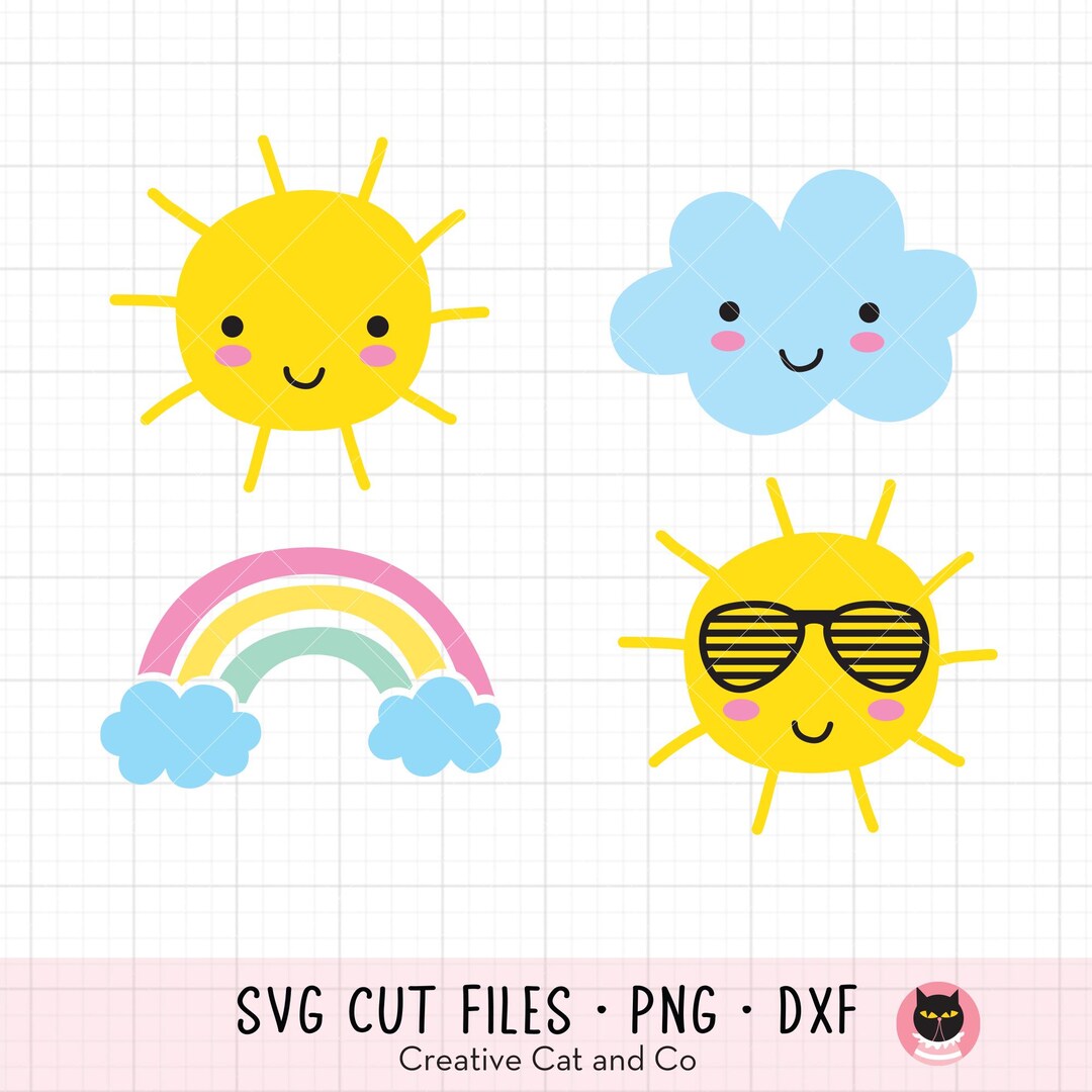 Smiling Sun SVG PNG DXF - Cute Sun With Sunglasses, Happy Sun, Cloud ...