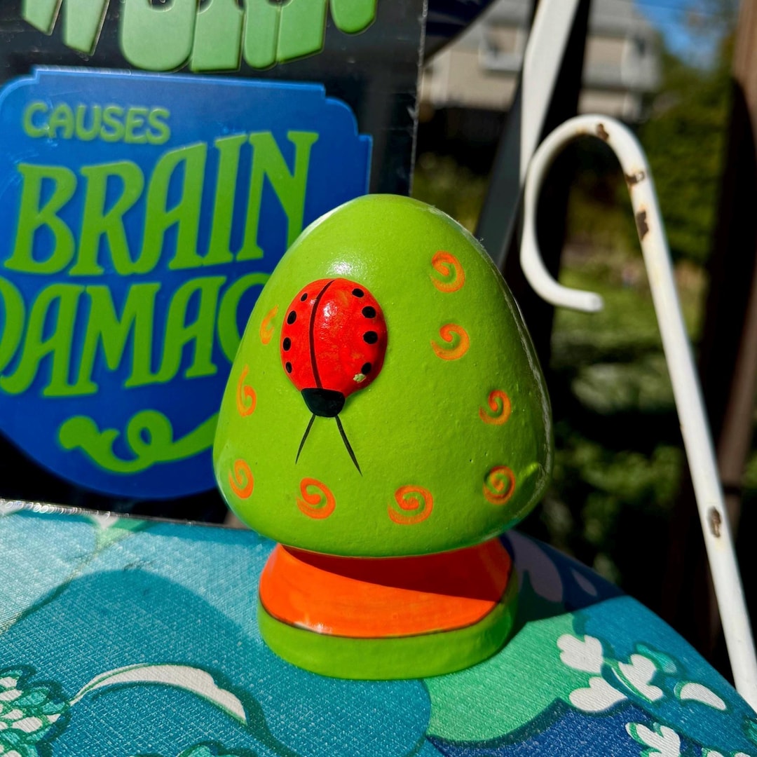 Vintage 70s Mod Green & Orange Mushroom Ladybug Chalkware Coin Bank ...
