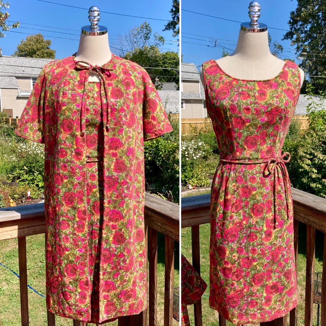 Vintage 60s Pink & Green Watercolor Floral Rose Print Jacket Matching ...