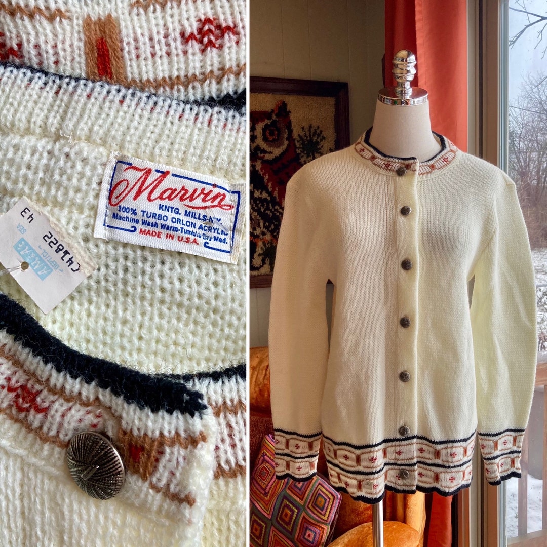 DEADSTOCK Vintage 70s Creamy White Patterned Knit Cardigan Sweater ...