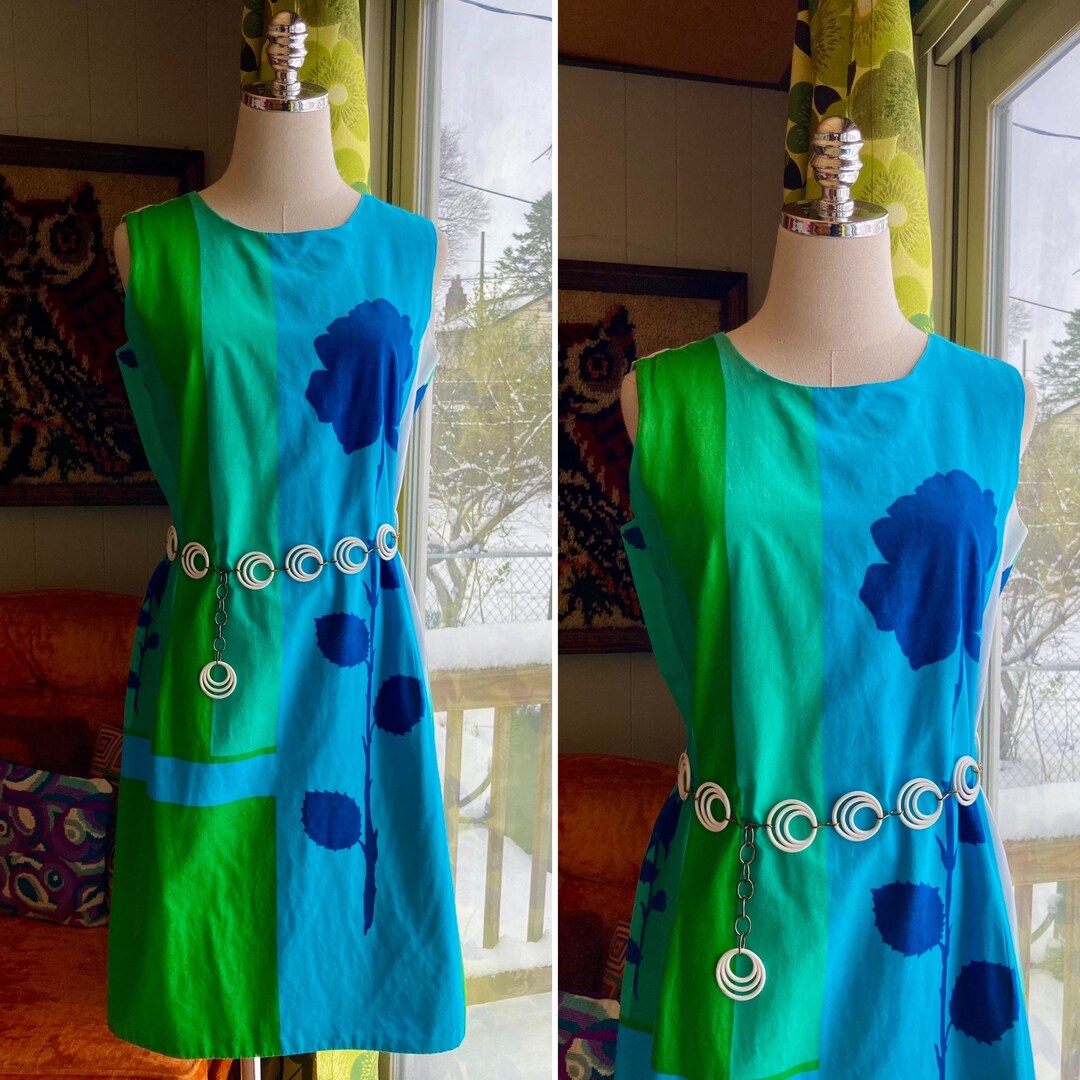 Vintage 60s Blue & Green Colorblock Flower Motif Shift Dress / Vintage ...