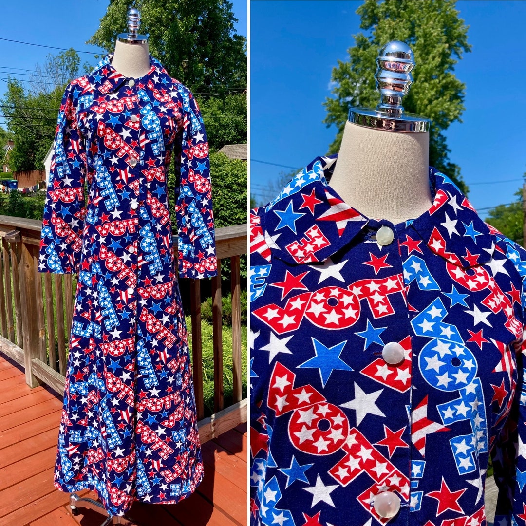 PENDING Vintage 70s VOTE Novelty Print Maxi Duster Lounge Dress ...