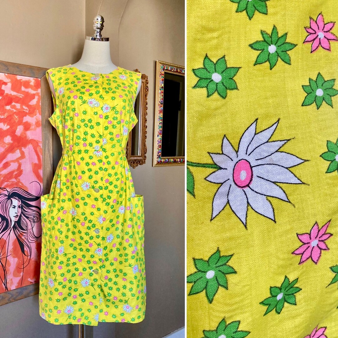 Vintage 60s Yellow-green & Pink Floral Dress With Large Pockets ...