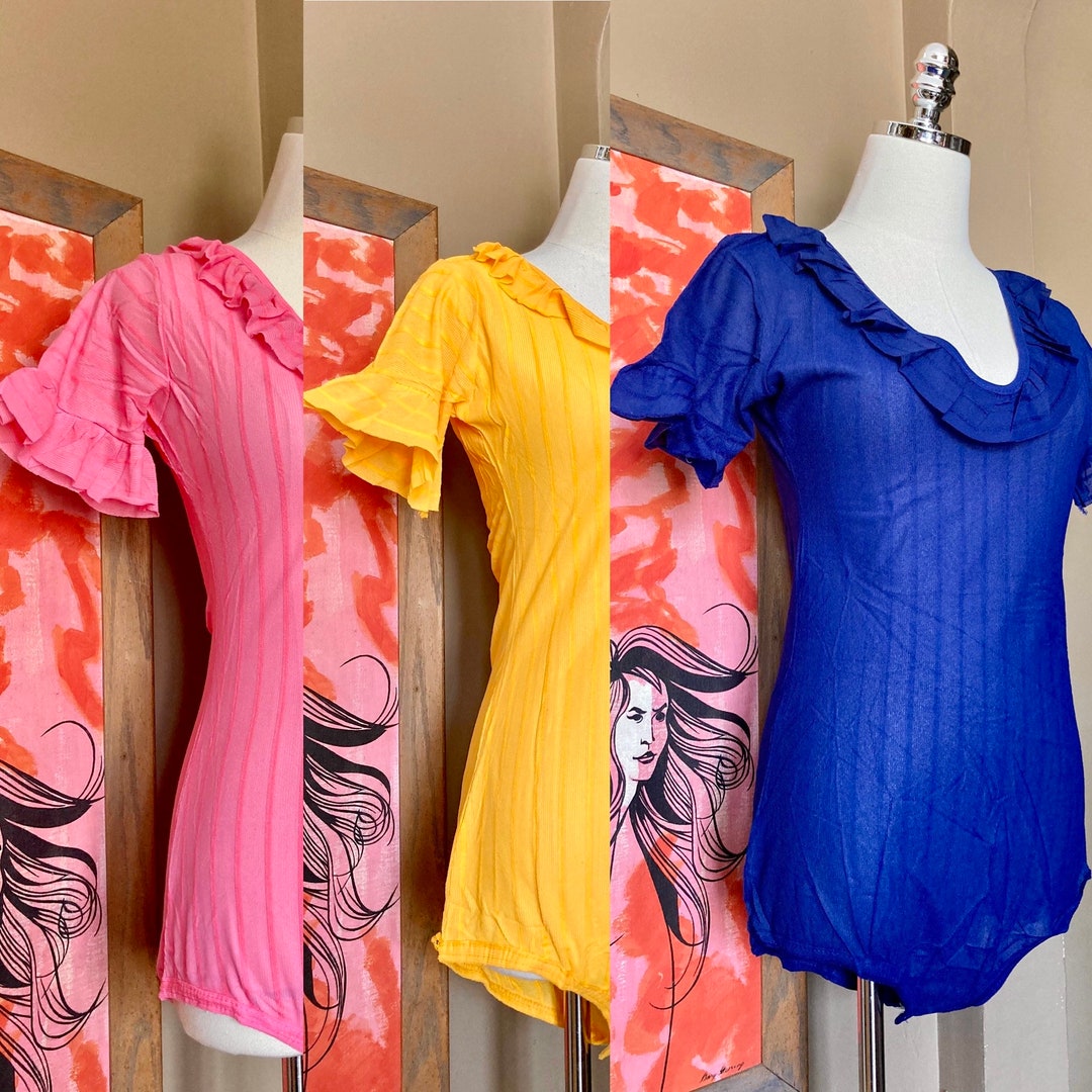 DEADSTOCK Vintage 70s Sheer Striped Bodysuit / 70s Bodysuit Shirt / 70s ...