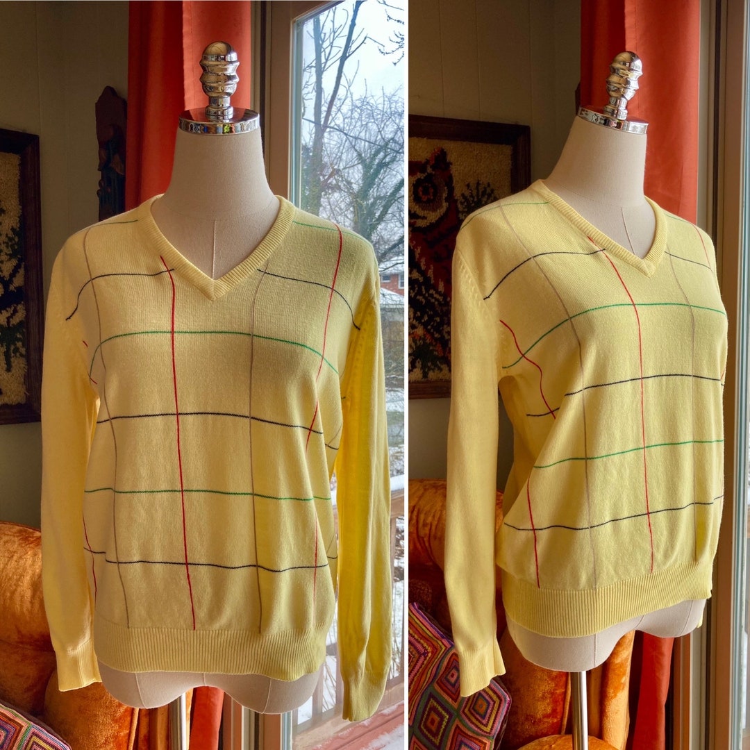 Vintage 70s/80s Yellow & Rainbow Stripe V-neck Sweater / 70s ...