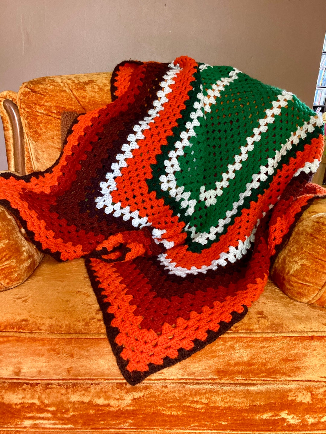 Vintage 70s Handmade Orange & Green Afghan / 70s Orange Afghan ...