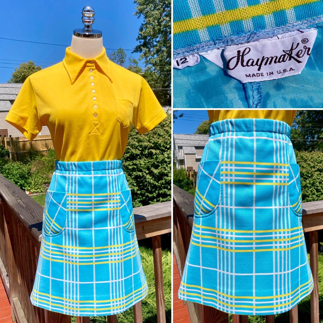 Vintage 70s Mod Sky Blue & Yellow Plaid Haymaker Skort / Vintage 70s ...