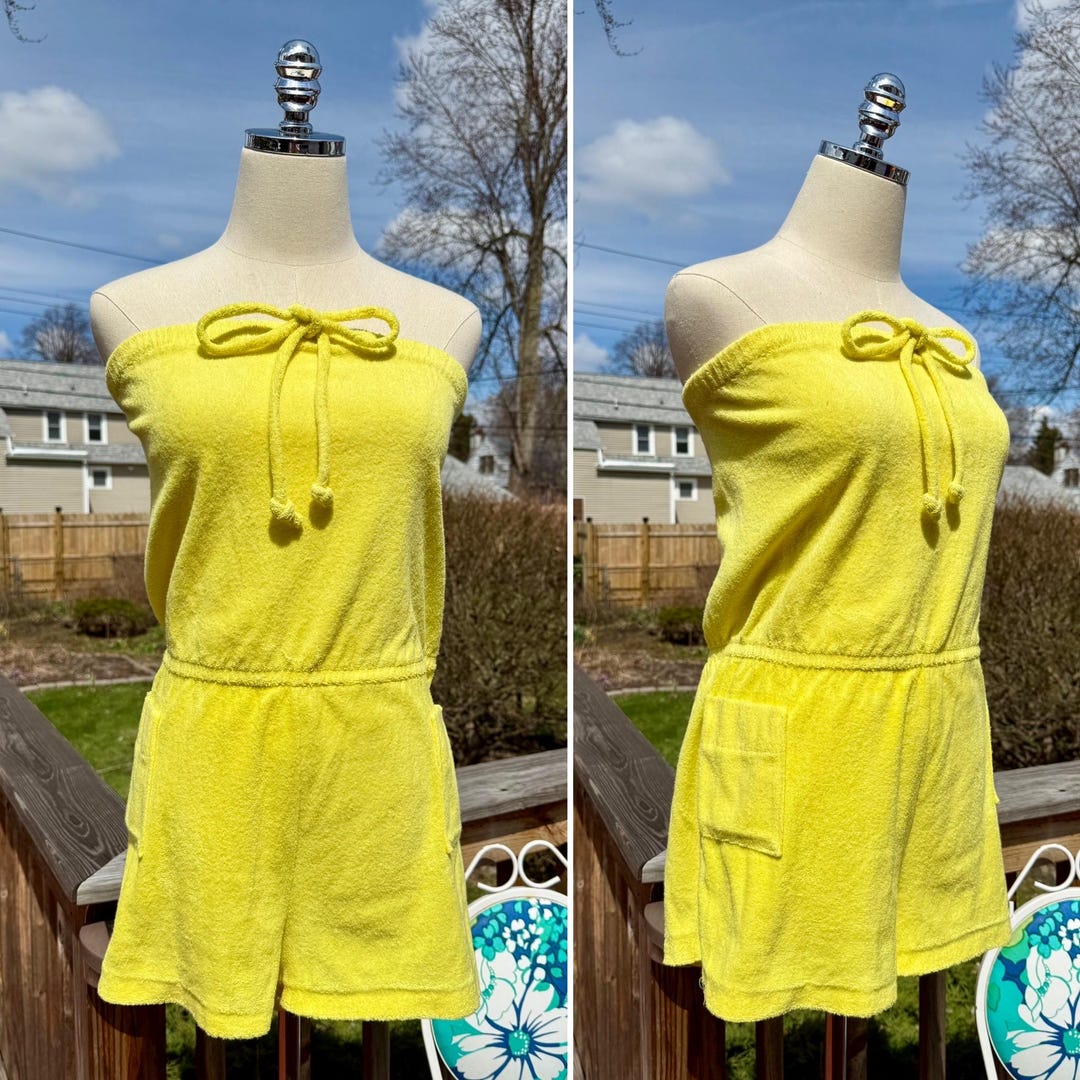 Vintage 70s/80s Bright Yellow Plus Size Terry Romper / Vintage 80s ...