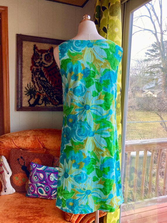 Vintage 60s Mod Blue & Green Watercolor Floral Linen … - Gem