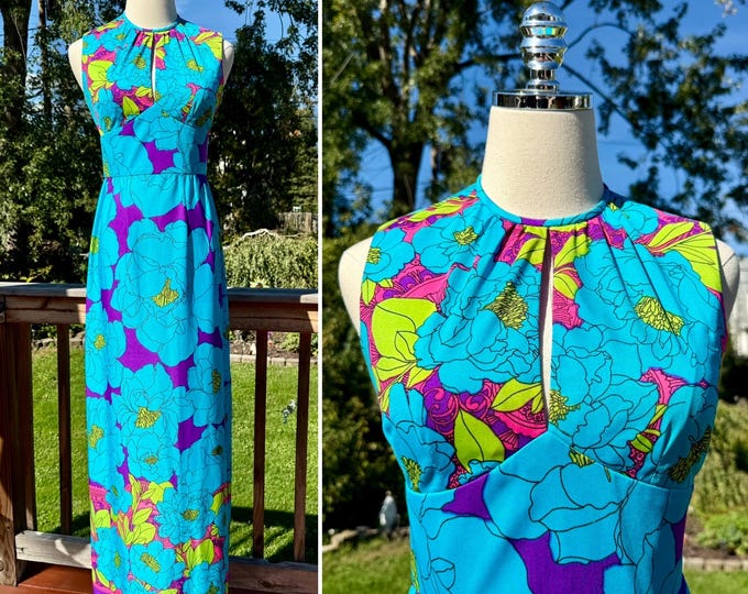 Vintage 60s/70s Bright Blue Dayglo Flower Power Maxi Dress / Vintage ...