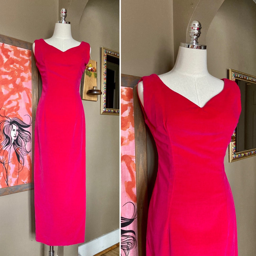 Vintage 60s BRIGHT Pink Velvet Evening Dress / Vintage 60s Pink Velvet ...