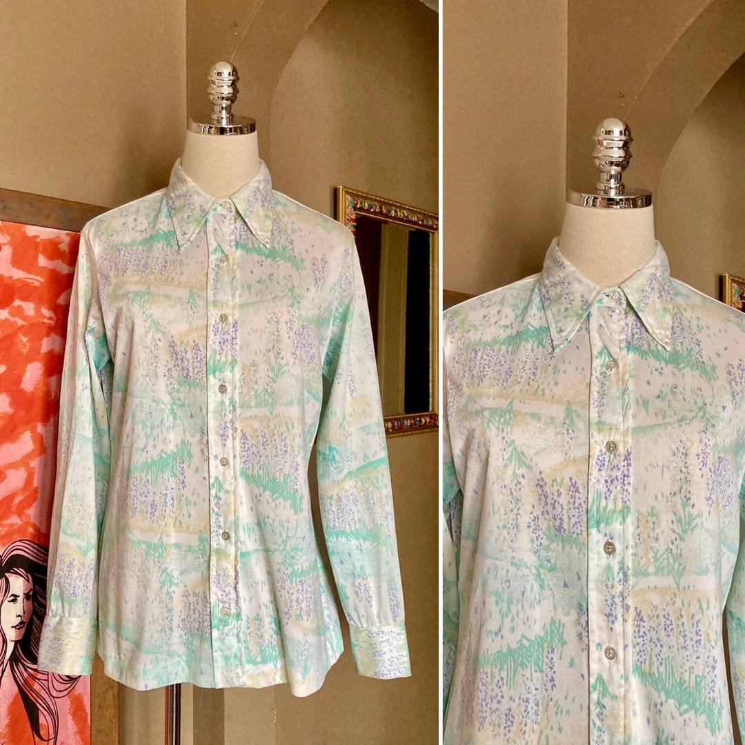 Vintage 70s Aqua Floral Vera Neumann Button Down Shirt With Dagger ...