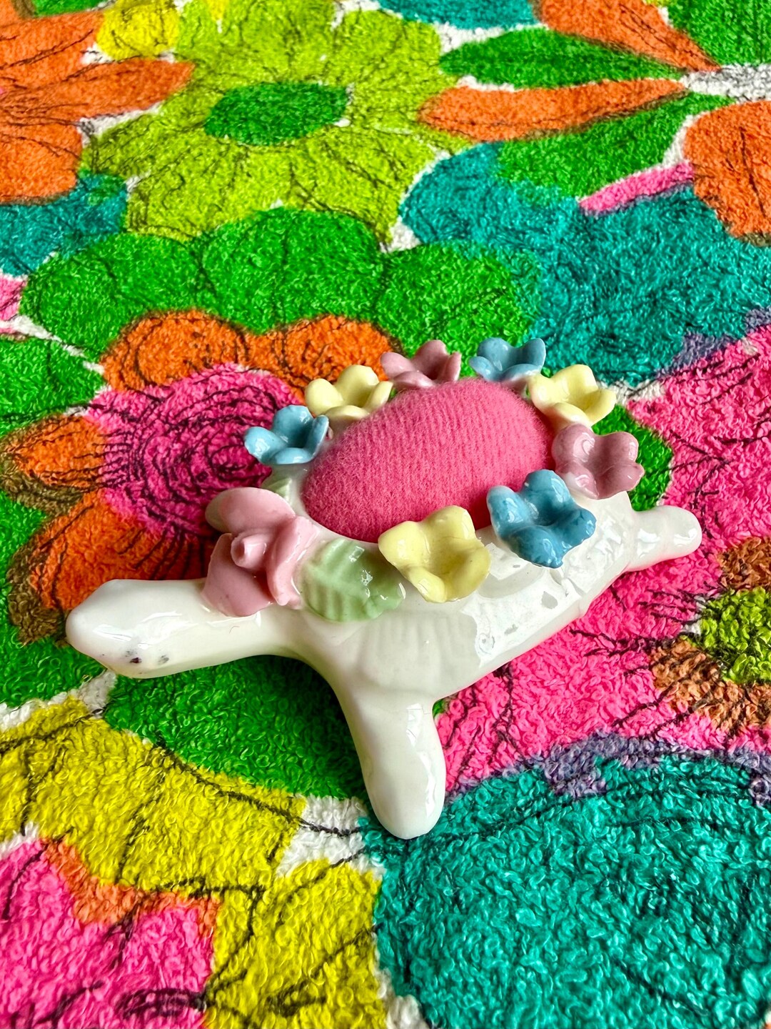 Vintage Mod Flower Porcelain Turtle Pin Cushion / Vintage Ceramic ...