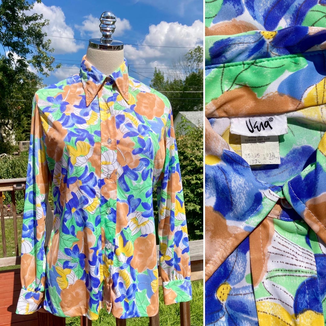 Vintage 70s Blue & Orange Abstract Floral Vera Neumann Button Down ...
