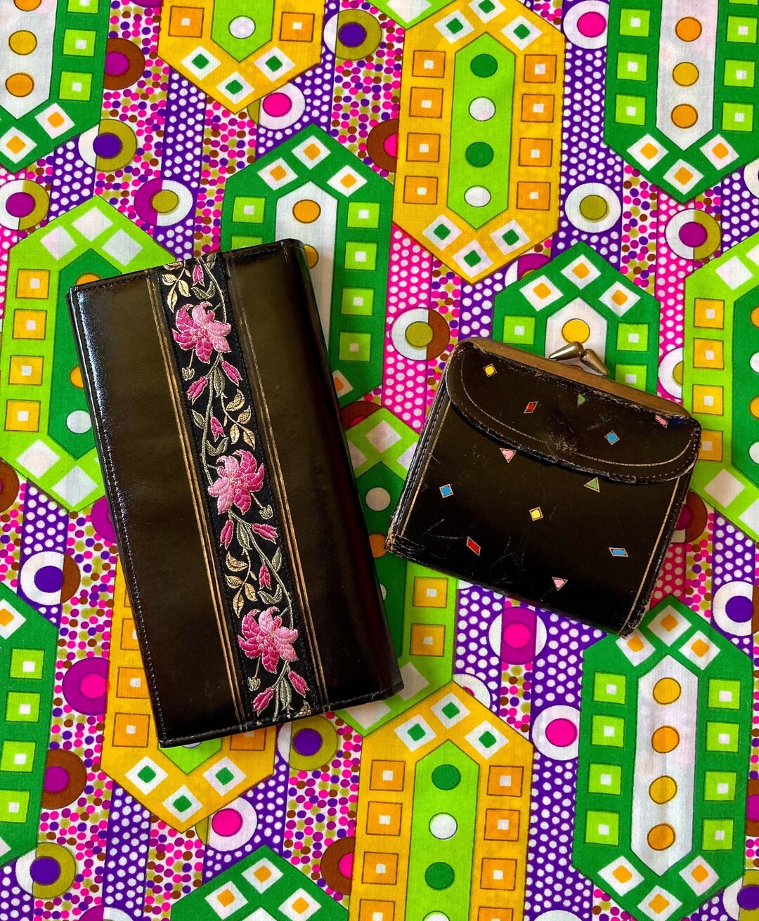 Lot of Two Vintage Black Hand Painted & Floral Trim Cowhide Wallet ...