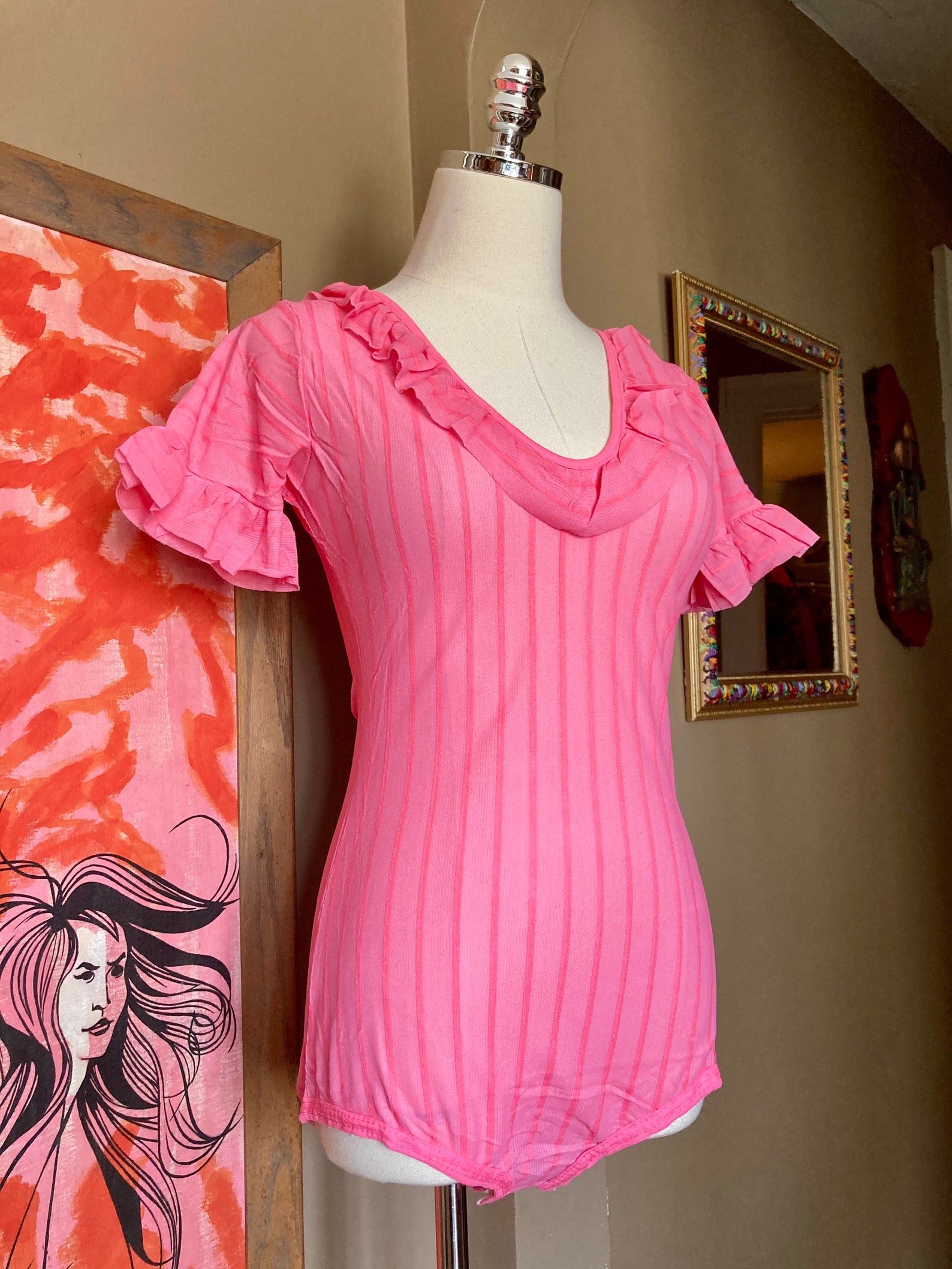 DEADSTOCK Vintage 70s Sheer Striped Bodysuit / 70s Bodysuit Shirt / 70s ...