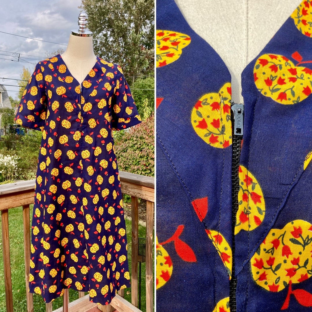Vintage Mod Blue & Yellow Apple Novelty Print Dress / Vintage Apple ...