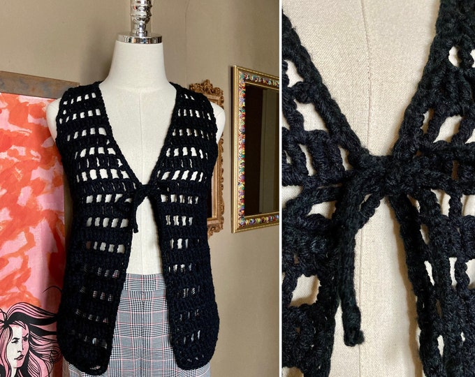 Vintage 70s Black Crochet Vest / Vintage 70s Hand Crocheted Vest Tank ...