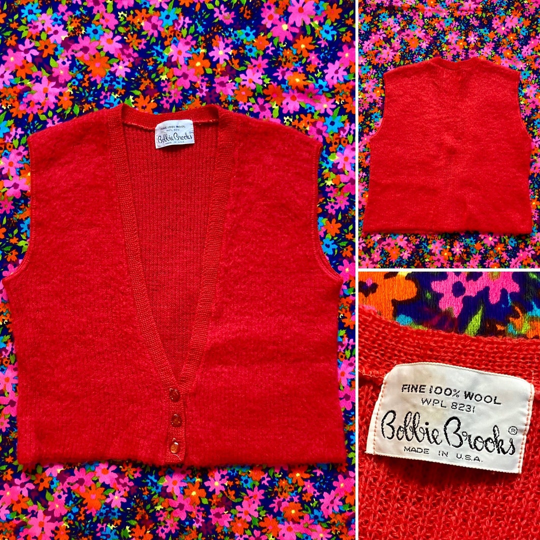 Vintage 60s Red Wool Bobbie Brooks Button up Vest / Vintage Red Fuzzy ...