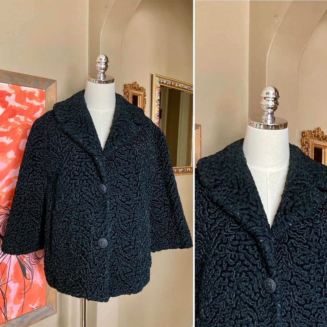 Vintage 60s Black Faux Curly Lambswool Cropped Coat Vintage Faux