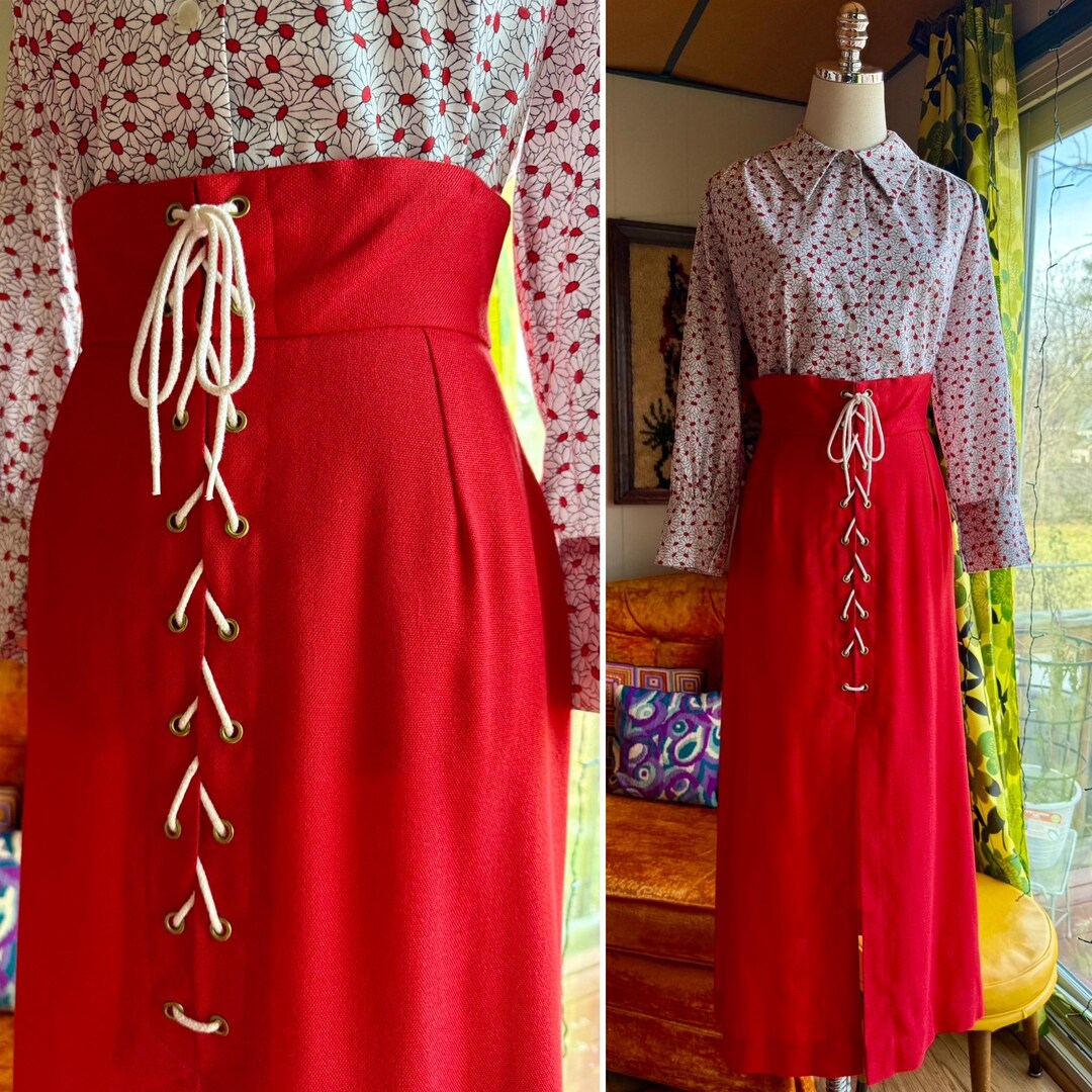 Vintage 70s Tomato Red Linen Drawstring Maxi Skirt / Vintage 70s Red ...