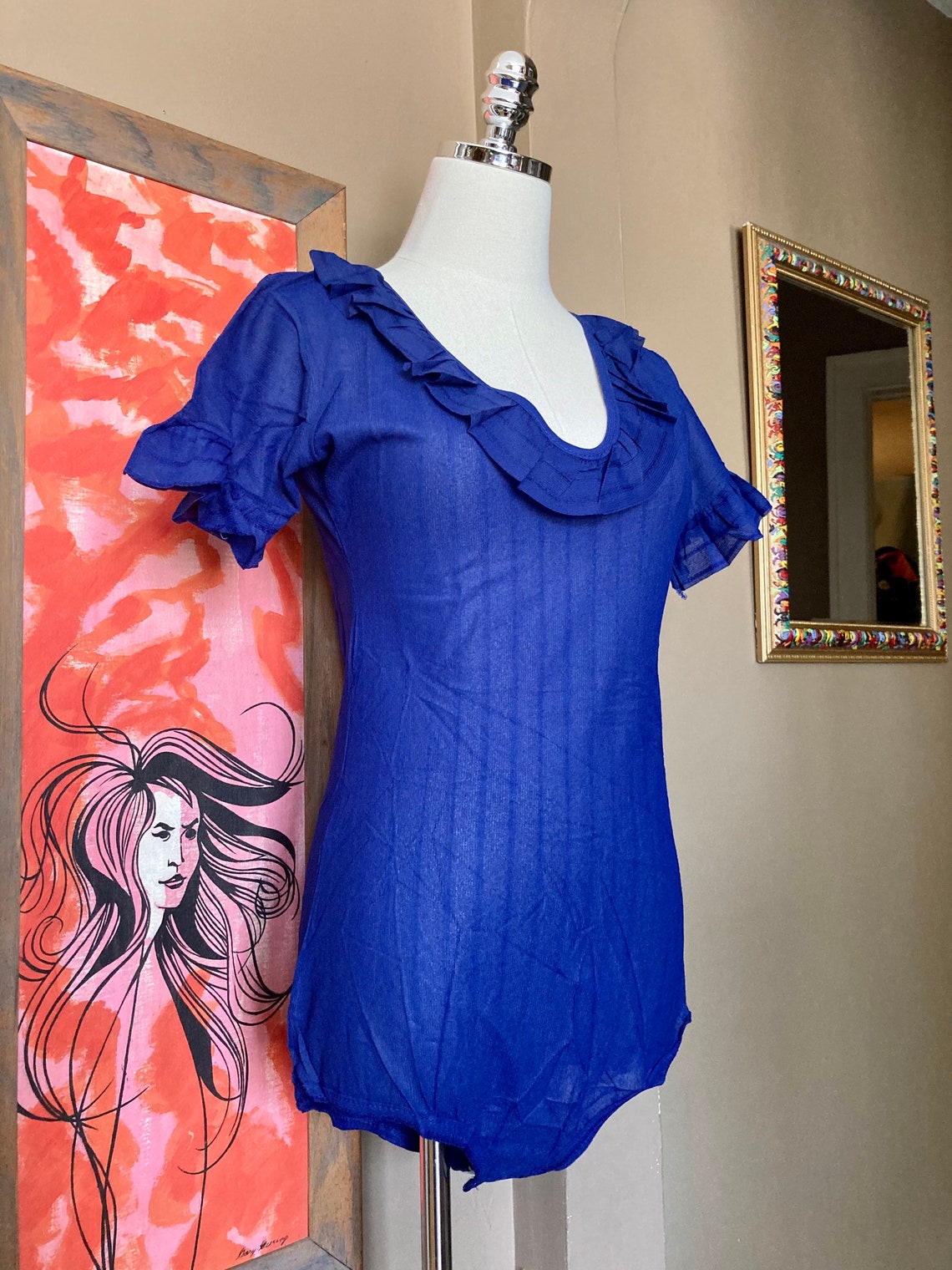 DEADSTOCK Vintage 70s Sheer Striped Bodysuit / 70s Bodysuit Shirt / 70s ...