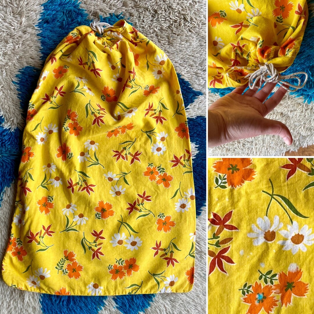 Vintage 70s Yellow Flower Power Cotton Drawstring Laundry Bag / Vintage ...