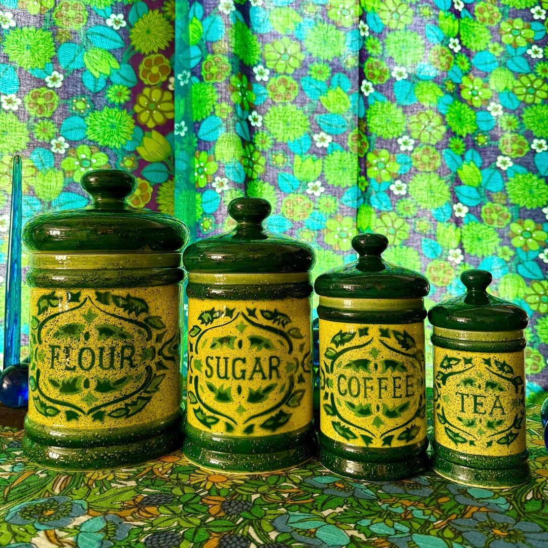 Vintage 70s Green Ceramic Kitchen Canister Set / Vintage 70s Green Made ...