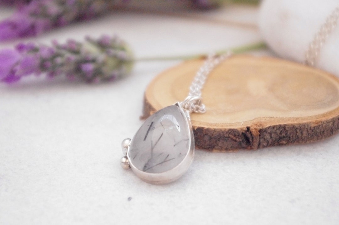 Silver Teardrop Rutile Quartz Necklace, Black Reticulated Quartz ...