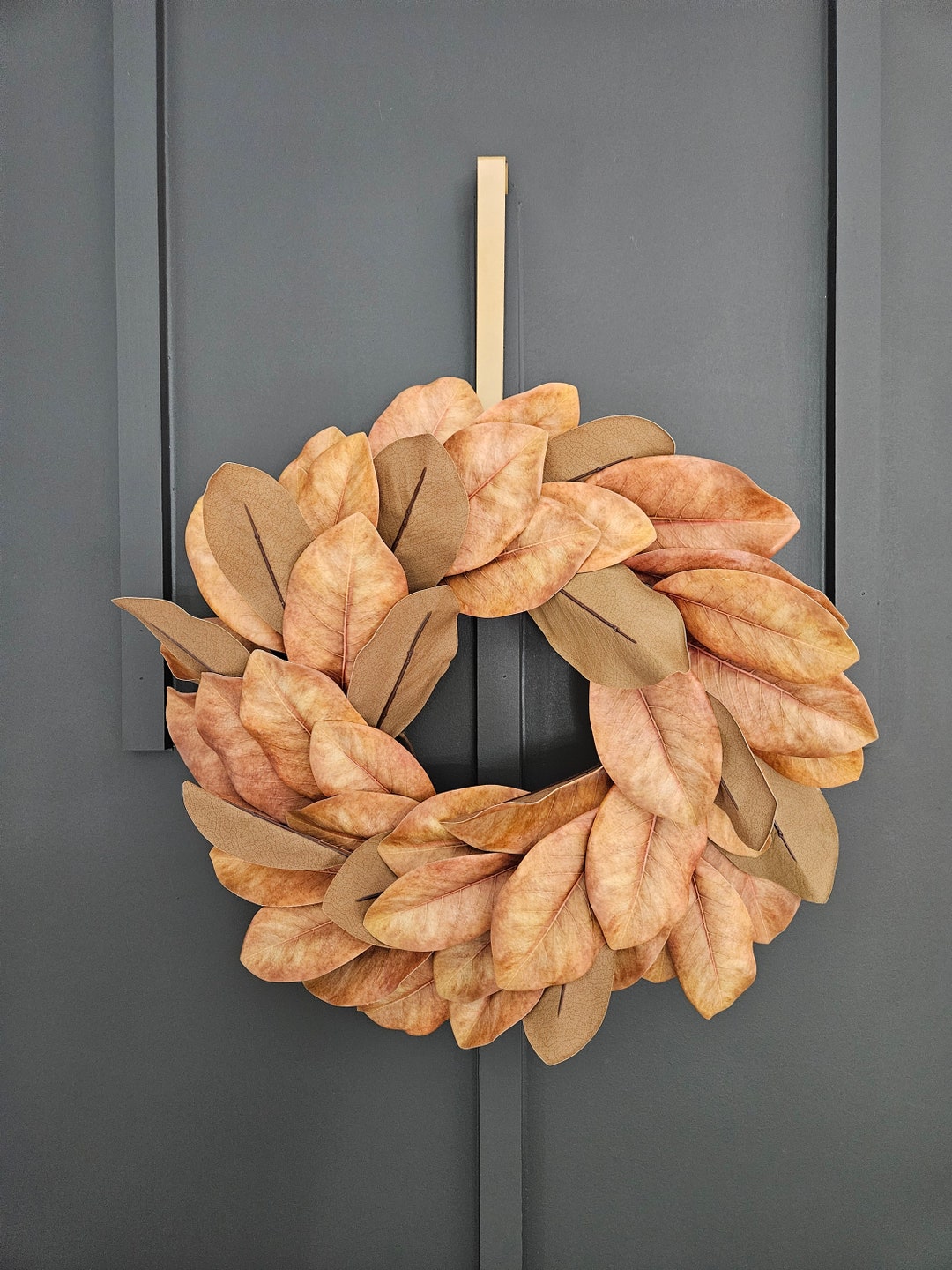 Fall Magnolia Wreath, Faux Magnolia Rust Orange and Brown Leaf Wreath ...
