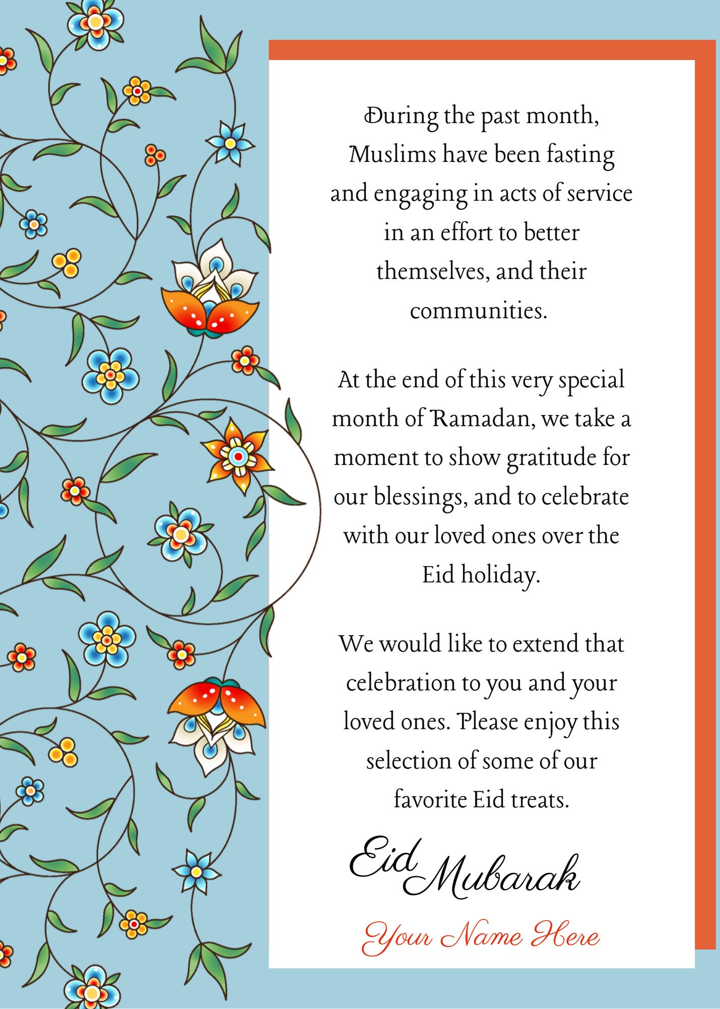 Personalized Printable Floral Eid Card for Neighbors and Coworkers ...