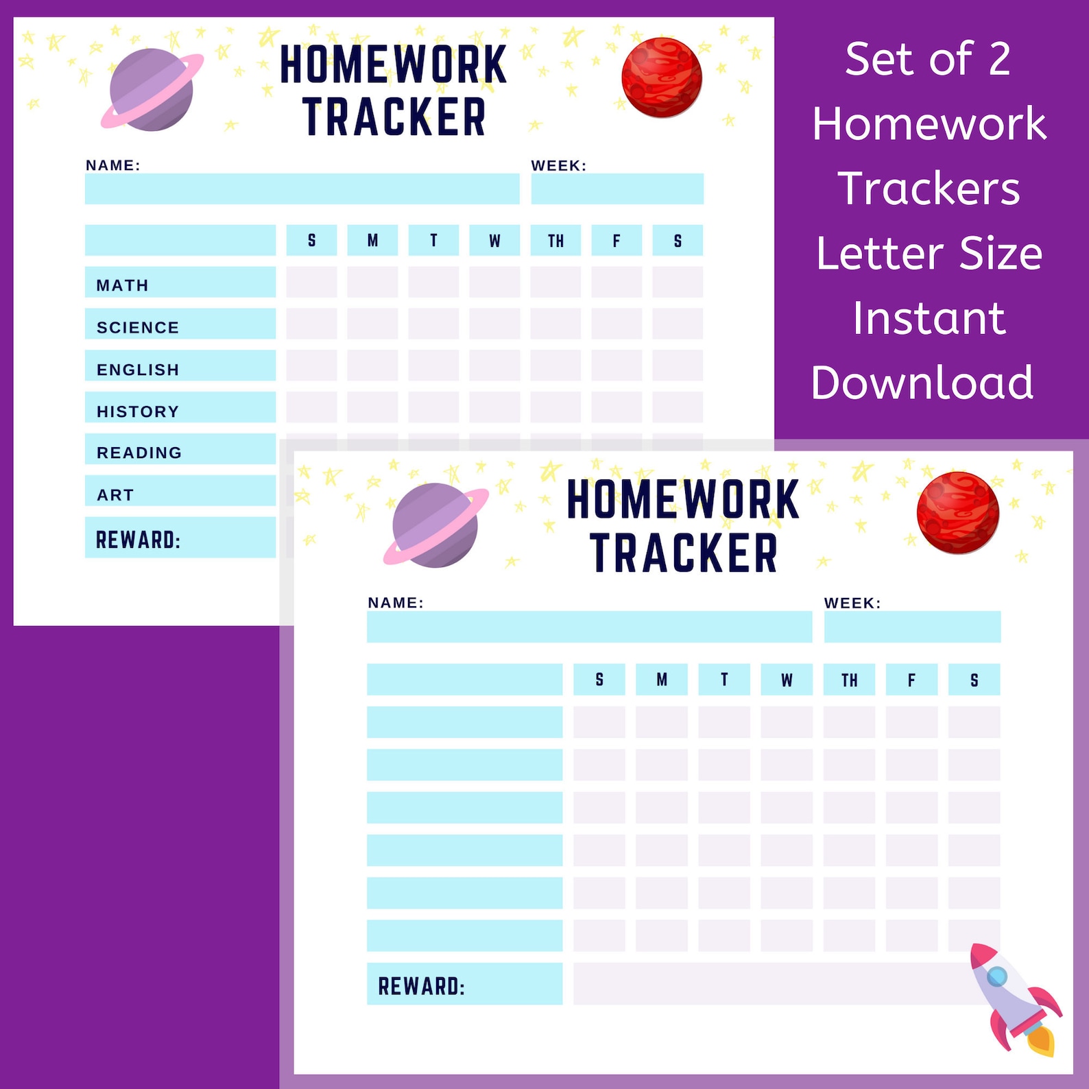Outer space homework tracker chore chart & reward chart for | Etsy
